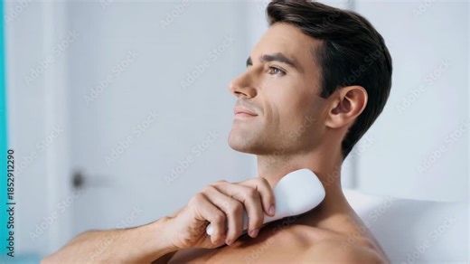 Man using non-invasive vagus nerve stimulation device at home for stress relief, autonomic balance, improved vagal tone, relaxation, and wellness support through bioelectronic therapy