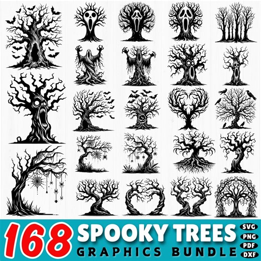 168 Spooky Trees SVG Bundle: Halloween Forest Clipart, Haunted Tree Silhouettes, Graveyard Scene (commercial Use) - Etsy