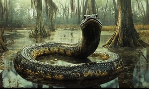 A large snake coiled in a swampy environment, surrounded by trees and water.