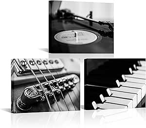 AoArtWZ Music Canvas Wall Art Guitar Piano Vinyl Record Picture Prints Black and White Instrument Poster Artwork for Home Living Room Bedroom Modern Decor Framed (12" x 16" x 3Pcs)