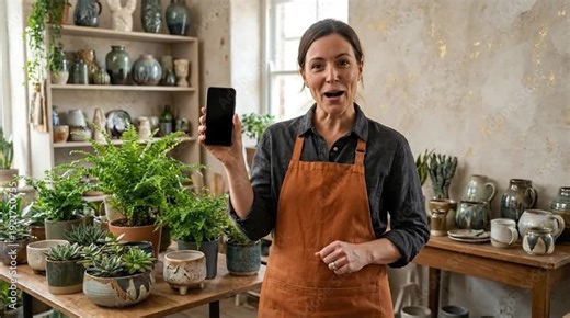 Enthusiastic artisan woman in pottery and plant shop presenting blank smartphone screen for small business app or online store.