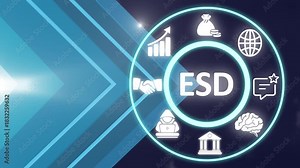 ESD acronym. Electrostatic Discharge (ESD) is the sudden flow of electricity between two electrically charged objects, which can cause damage to electronic components. showing ESD icons virtual screen