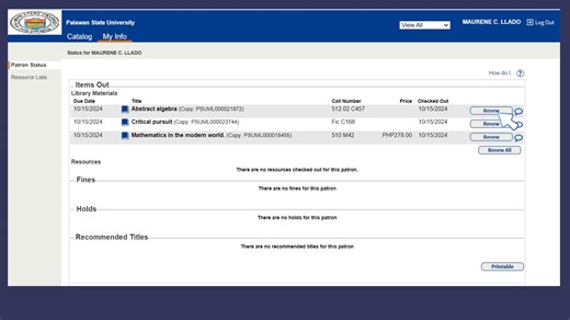 Renew your borrowed books online in three easy steps to avoid penalties. For detailed instructions, please refer to the video. Online renewal link: http://psulibrary.palawan.edu.ph:8080 @topfans @followers #PalSULibrary #palawanstateuniversitylibrarymaincampus | Palawan State University Library