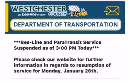 🚨 AVISO IMPORTANTE 🚨 El servicio de Bee-Line y ParaTransit está suspendido hoy desde las 3:00 p.m., debido a las condiciones del clima. 👉 Mañana se tomará una decisión sobre el servicio, según cómo evolucionen las condiciones, y se compartirán actualizaciones. 🌐 Para información oficial: https://transportation.westchestergov.com/bee-line/bee-line-home?view=category&id=91 🙏 Por favor, manténganse a salvo, eviten salir si no es necesario y cuiden a los más vulnerables. #AlertaComunitaria #Man