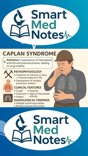 Discover the rare and fascinating Caplan Syndrome — a unique overlap between rheumatoid arthritis and pneumoconiosis. Learn how this mysterious condition links the lungs and joints in a powerful medical story. Perfect for med students and doctors who love rare diseases! #CaplanSyndrome #RheumatoidArthritis #Pneumoconiosis #MedicalReels #MedStudentLife #RareDiseases #Rheumatology #Pulmonology #MedicineExplained #MedicalEducation #DoctorLife #Pathology #MedFacts #smartmednotes | Smart Med Notes