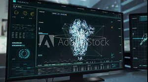 Computer Monitor on Desk. Inside a Laboratory. Modern Biomedical Software. Medical Technology. Covid 19 Spike Protein Structure. Studying the Cryo Electron Microscopy Structure. Scientific Data. UI
