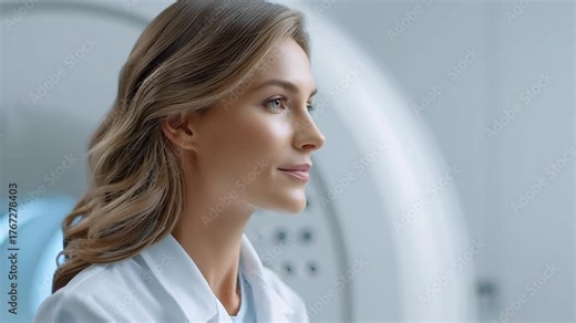Calm female doctor sits inside MRI scanner with eyes closed while machine slowly rotates creating professional scene of medical brain examination in hospital setting