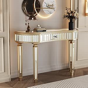 Maotifeys 47-Inch Mirrored Console Table Modern Glam Gold Silver Entryway Table with Crystal Knob Drawer Half-Moon Shape Mirror Console Tables for Living Room Hallway