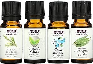 NOW Essential Oils, Seasonal Changes Balancing Aromatherapy Kit, 4x10ml Including Tea Tree, Eucalyptus Radiata, Clear the Air and Nature’s Shield Oil Blend With Child Resistant Caps