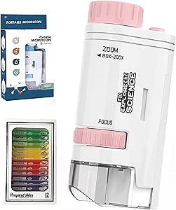 Pocket Microscope for Kids, 80X-200X Magnification, Portable Microscope with 12 Microscope Slides, Handheld Microscope for Students, Microscope for Exploration, Scientific Gift(Pink)