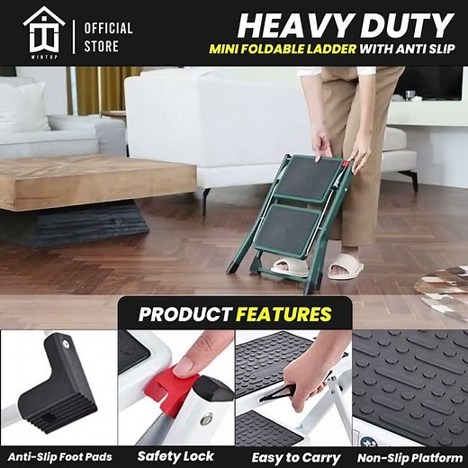 Heavy Duty Foldable 2 Step Mini Ladder Stool with Anti Slip Aluminum 𝐖𝐢𝐧𝐭𝐨𝐩 | Multipurpose