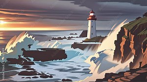 Lighthouse Amidst the Waves at Suset Animation