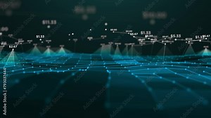 Financial business intelligence data chart and graph dashboard making Future AI tech machine learning, face outline circuit board, and binary data flow on blue Loop background.
