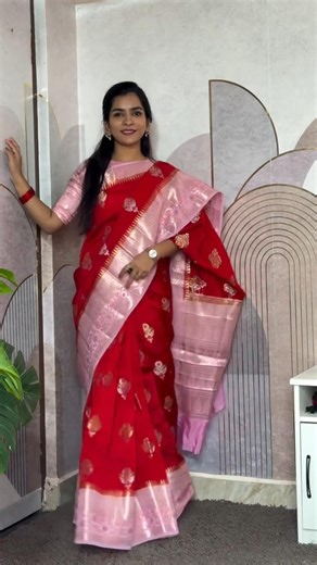 beautiful👌chiniya pattu saree with meenakari weaving and designer blouse with ear cuffs jwellery