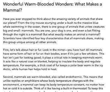 Animal Classification Reading Passages: Mammals, Reptiles, and Amphibians