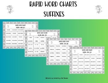 Rapid Word Charts for Fluency; suffixes: -able/ible/ment/less/ness/tion/sion