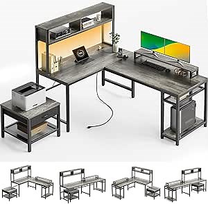 Marsail L Shaped Computer Desk with Power Outlet & LED Strip, Reversible Corner Desk with Storage Shelf & Monitor Stand, L Shaped Desk Gaming Desk with Separate Printer Stand for Home Office,Grey