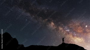 Close up milky way animation. Girl Silhouette standing on a mountain. Behind their beautiful starry sky and the Milky Way.