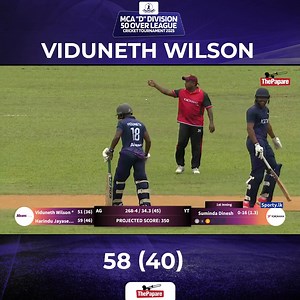 5.8K views · 71 reactions | Viduneth Wilson hammered a dynamic 58 off just 40 balls in the MCA "D" Division 50 Over League Cricket Tournament 2025! #MCAcricket #VidunethWilson #ThePapareCricket | ThePapare Cricket | Facebook
