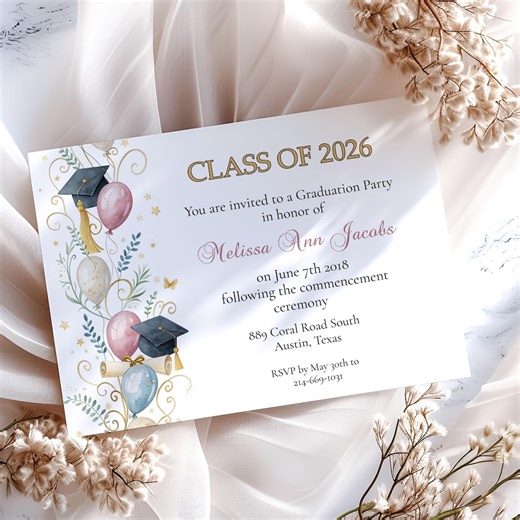 Graduation Invitation Template, Photo Invite, Elegant, Floral, Class of 2026 (corjl Instant Download) - Etsy UK