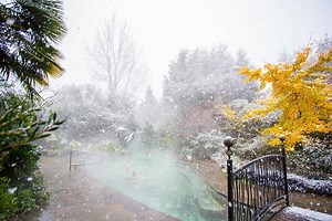 400K views · 6K reactions | Enjoy the first snow of the season in our comfy 102° saltwater soaking pool at Ruby's Spa! | McMenamins Edgefield | Facebook