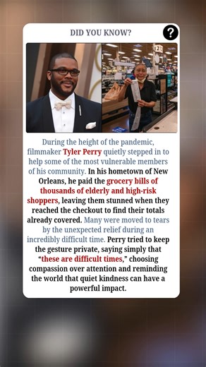 During the height of the pandemic, filmmaker Tyler Perry quietly stepped in to help some of the most vulnerable members of his community. In his hometown of New Orleans, he paid the grocery bills of thousands of elderly and high-risk shoppers, leaving them stunned when they reached the checkout to find their totals already covered. Many were moved to tears by the unexpected relief during an incredibly difficult time. Perry tried to keep the gesture private, saying simply that “these are difficul