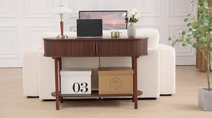 Wood Walnut Console Table with Door, 2-Tier Modern Sofa Table for Living Room, Narrow Sofa Table with Sliding Door and Open Storage Wirrytor Shelf, Hallway Table and Behind The Couch Table
