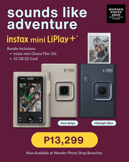 Greenhills Mall on Instagram: "Sounds like adventure. Meet the new #instaxminiLiPlayPlus, your hybrid camera + printer, perfect for the holiday season! Inclusions: • instax mini LiPlay+ unit • instax mini Glossy Film 10s • 32 GB SD Card • USB charging cable • User manual • Warranty card Grab yours in Midnight Blue or Sand Beige for only ₱13,299 at Wonder Photo Shop PH! 📍5F, GH Mall #Greenhills #WonderPhotoShopPH #DontJustTakeGive #TeamInstaxPH"
