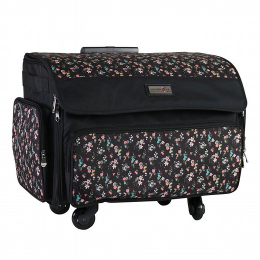 Everything Mary XL 4 Wheel Collapsible Deluxe Rolling Sewing Machine Storage Case-Black Floral