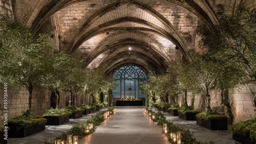 Long vaulted interior with trees and candles. An arched ceiling leads towards a window with a pattern
