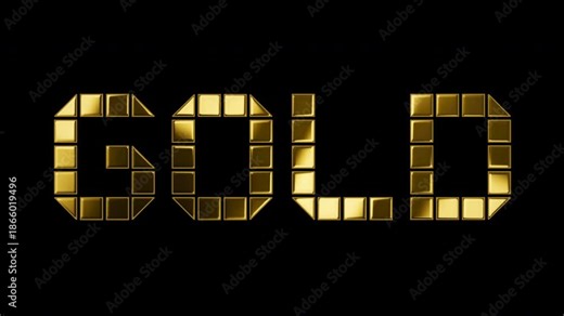Text: GOLD in Shiny Bold Golden Block Pattern Letters Light Effect Animation on Black and Green Screen Chroma Key Background - 4K Horizontal Video 2x 10 seconds