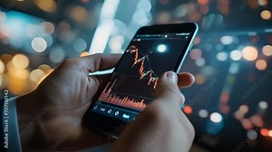 Crypto trader investor broker holding finger using cell phone app executing financial stock trade market trading order to buy or sell cryptocurrency shares thinking of investment risks profit concept.