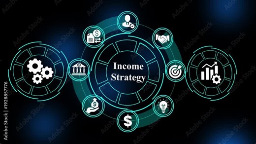 Income Strategy concept highlighting revenue stream planning, financial modeling tools, profit management systems, and enterprise sustainability framework.