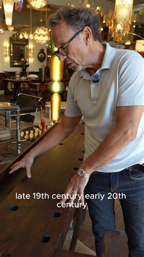 Jean-Marc shares the details of this well crafted. This French antique workbench was used to make old wooden skis… Come to the Austin showroom and see this amazing piece in person! #interiordesign #austinhome #workbench #frenchantiques #austintx
