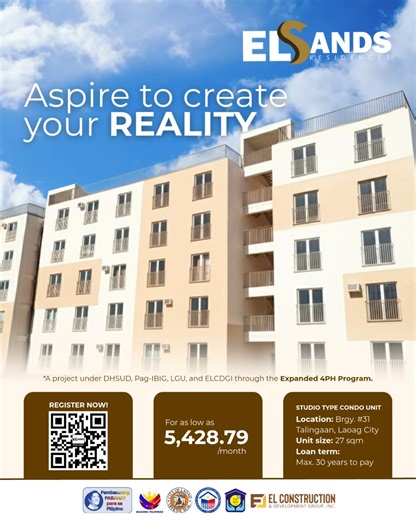 EL Construction and Development Group on Instagram: "𝐀𝐬𝐩𝐢𝐫𝐞 𝐭𝐨 𝐂𝐫𝐞𝐚𝐭𝐞 𝐘𝐨𝐮𝐫 𝐑𝐄𝐀𝐋𝐈𝐓𝐘! Your dream home is closer than you think! Own a studio-type condo unit in Brgy. 31 Talingaan, Laoag City, for as low as ₱𝟓,𝟒𝟐𝟖.𝟕𝟗/𝐦𝐨𝐧𝐭𝐡 𝐔𝐧𝐢𝐭 𝐒𝐢𝐳𝐞: 27 sqm 𝐌𝐚𝐱𝐢𝐦𝐮𝐦 𝐏𝐚𝐲𝐦𝐞𝐧𝐭 𝐓𝐞𝐫𝐦:30 years 𝐏𝐫𝐨𝐣𝐞𝐜𝐭:Expanded 4PH by DHSUD, Pag-IBIG, LGU, and ELCDGI 📲 𝐒𝐂𝐀𝐍 𝐭𝐡𝐞 𝐐𝐑 𝐂𝐎𝐃𝐄 𝐭𝐨 𝐑𝐄𝐆𝐈𝐒𝐓𝐄𝐑 𝐍𝐎𝐖! Secure your spot and start building your fu