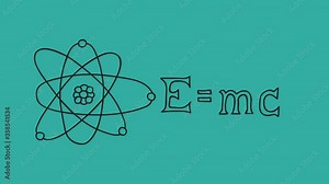 Footage animation of illustration of hand drawn sketch of symbolic atomic structure as planetary model and expression of potential mass energy equivalence formula. Educational video