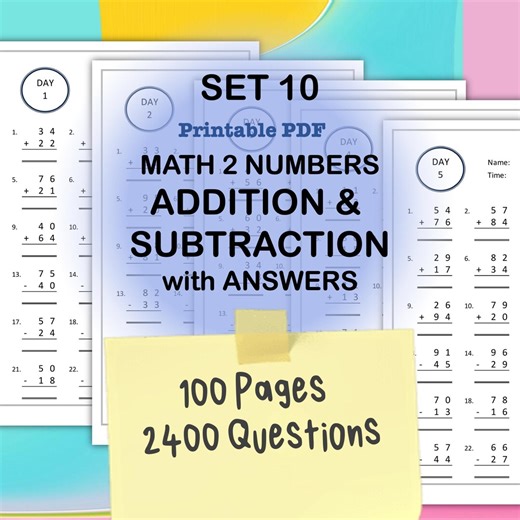 Addition & Subtraction Worksheets Set 10 100-page | Printable Math Practice PDF (2400 Questions) - Etsy