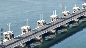 The Oosterscheldekering is a flood defense system in the Netherlands , part of the Delta Works ,in the provinces of Zeeland. Zoomed in close up view.