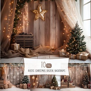 Rustic Christmas Digital Backdrops: Cozy Snowy Backgrounds With Gift Boxes, Pinecones, and Holiday Decor for Studio Photography PNG Overlays - Etsy