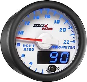 MaxTow Double Vision 2200 F Pyrometer Exhaust Gas Temperature EGT Gauge Kit - Includes Type K Probe - White Gauge Face - Blue LED Dial - Analog & Digital Readouts - for Gas Trucks - 2-1/16" 52mm