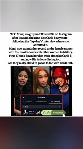 Nicki Minaj unfollows Bia after she refuses to diss Cardi B. 👀 #NickiMinaj #HipHop #youtubeshorts