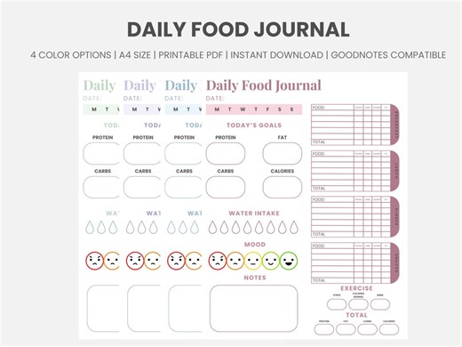 Daily Food Journal | Meal Planner | Calorie Tracker (digital Download, A4) - Etsy