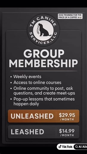 Private lessons are expensive — because they’re intense, hands-on, and customized. But training shouldn’t ONLY be for people who can afford premium services. So we created a membership starting at $14.99 that gives real support, weekly classes, and daily pop-ups. | TM Canine Services
