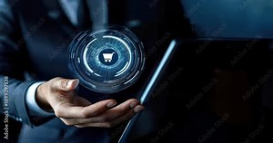 Businessman interacting with a digital power button surrounded by social media icons Concept of multi channel marketing, digital tracking, ecommerce strategies Stock Video