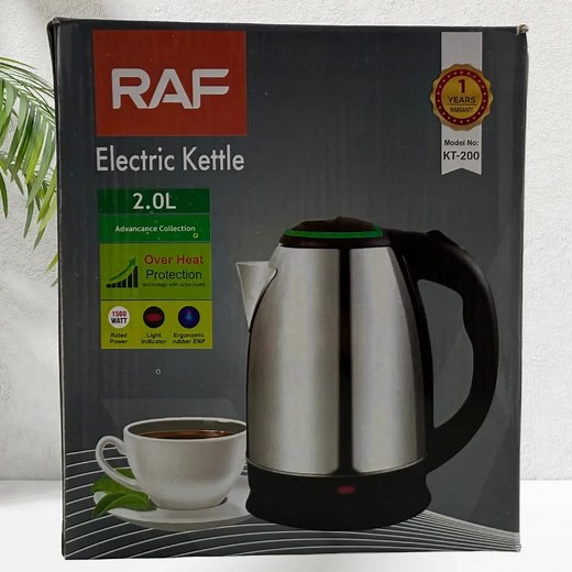 Key Features: ➤ Model: RAF KT-200 Automatic Electric Kettle ➤ Power: 1500W fast heating ➤ Capacity: 2.0 liters ➤ Automatic shut-off with indicator light ➤ Concealed stainless steel heating element ➤ 360° cordless swivel base for convenience ➤ Water level indicator for accurate filling ➤ BPA-free interior with removable cleaning filter | Click N Buy Online