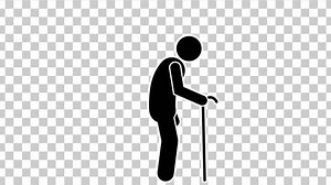 Black Stick Figure Character Old Man Walk With Cane. Footage With Alpha Matte