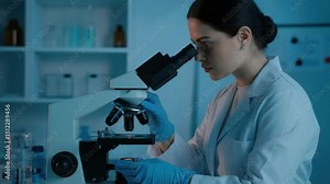 Female scientist uses microscope in laboratory, engaging scientific research