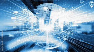 Smart transportation in tacit futuristic city with online traffic control system . Concept of smart digital transformation and technology disruption that changes global trends in new information era .