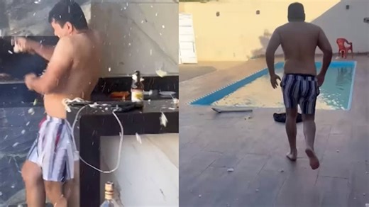 എന്താണിപ്പോൾ സംഭവിച്ചത്? ആഘോഷത്തിനിടയിൽ കേക്ക് പൊട്ടിത്തെറിച്ചു; പൂളിലേക്ക് ചാടി യുവാവ്