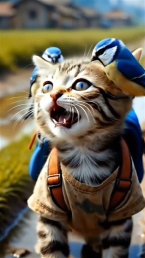 The Cutest Little Explorer: Kitten with a Backpack and Blue Birds! 🐱🎒। #shorts